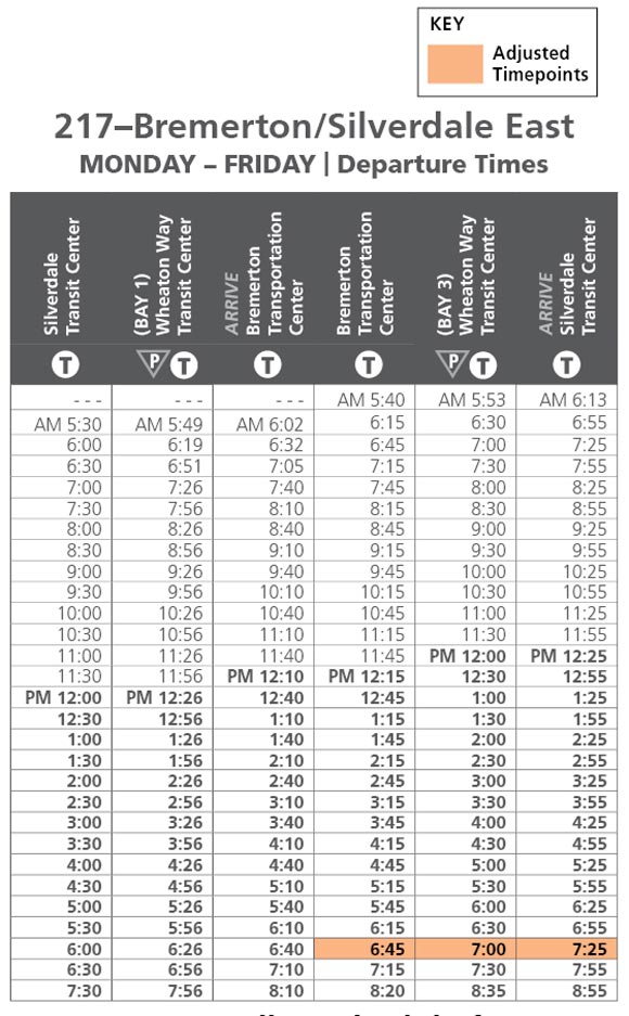 Route 217-Bremerton/Silverdale East Schedule Change | Kitsap Transit