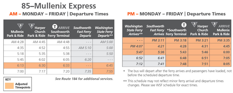 KT Rider Alert: Southworth Fast Ferry & Routes 85, 86 & 184 Schedule Change